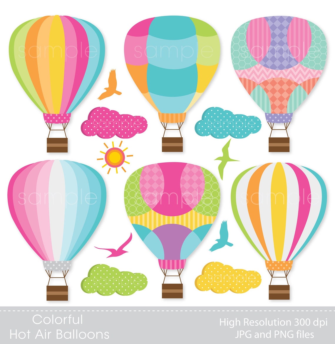 Digital Clipart Colorful Hot Air Ballons for Scrapbooking, Invitations ...