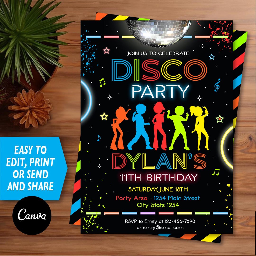 Editable Boy Disco Birthday Invitation, Neon Dance Invitation, Boys ...