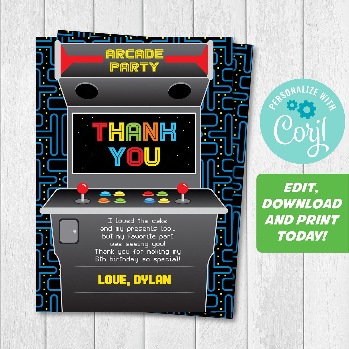 Self Editable Arcade Thank You Card Arcade Party Corjl - Etsy