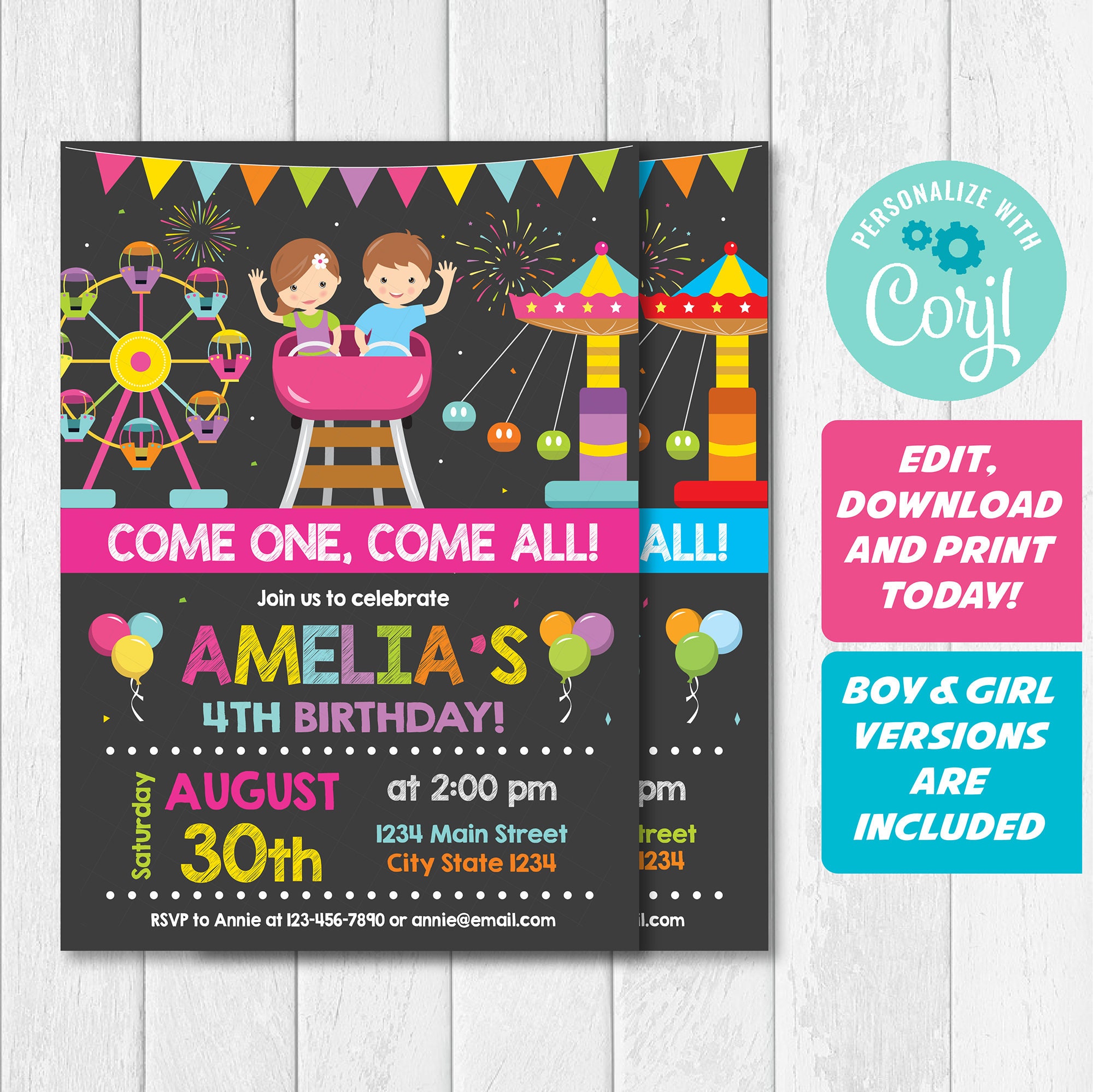 EDITABLE Amusement Park Birthday Invitation Play Park - Etsy