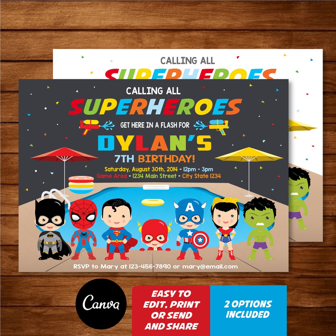 EDITABLE, Superhero Pool Birthday Invitation, Superheroes Pool Party ...