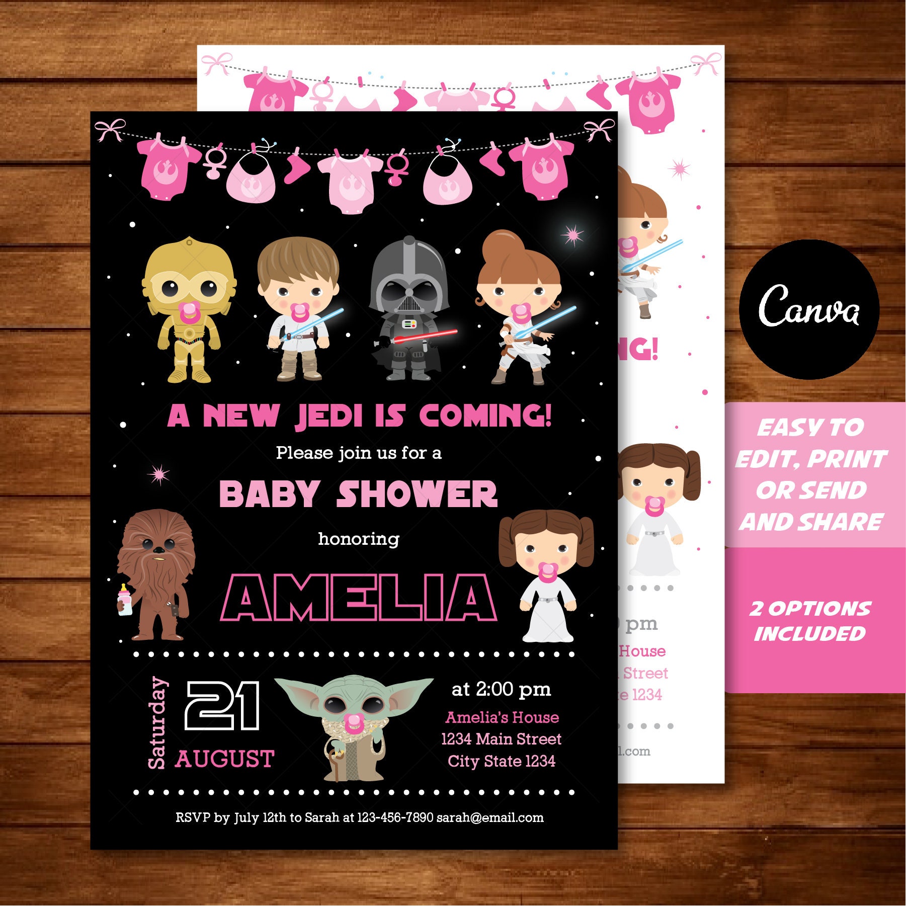 Editable Star Wars Baby Shower Invitation Star Wars Party Baby Girl Pink Canva Template INSTANT DOWNLOAD Etsy