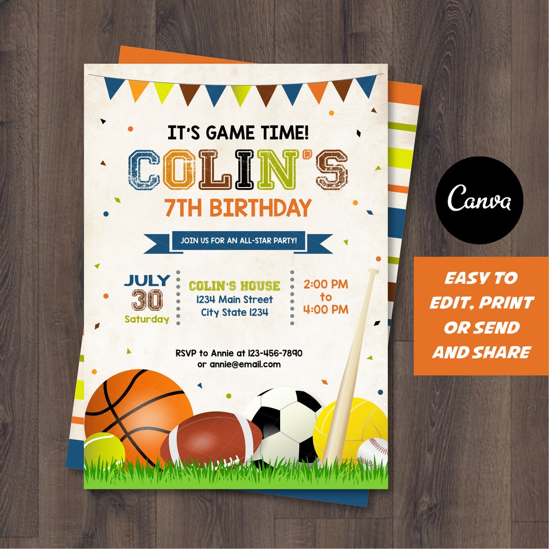Editable, All Star Birthday Invitation, All Star Party, Sports ...