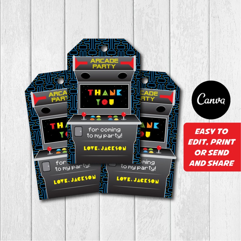 Self Editable, Arcade Favor Tags, Arcade Party, Video Thank You Tags ...