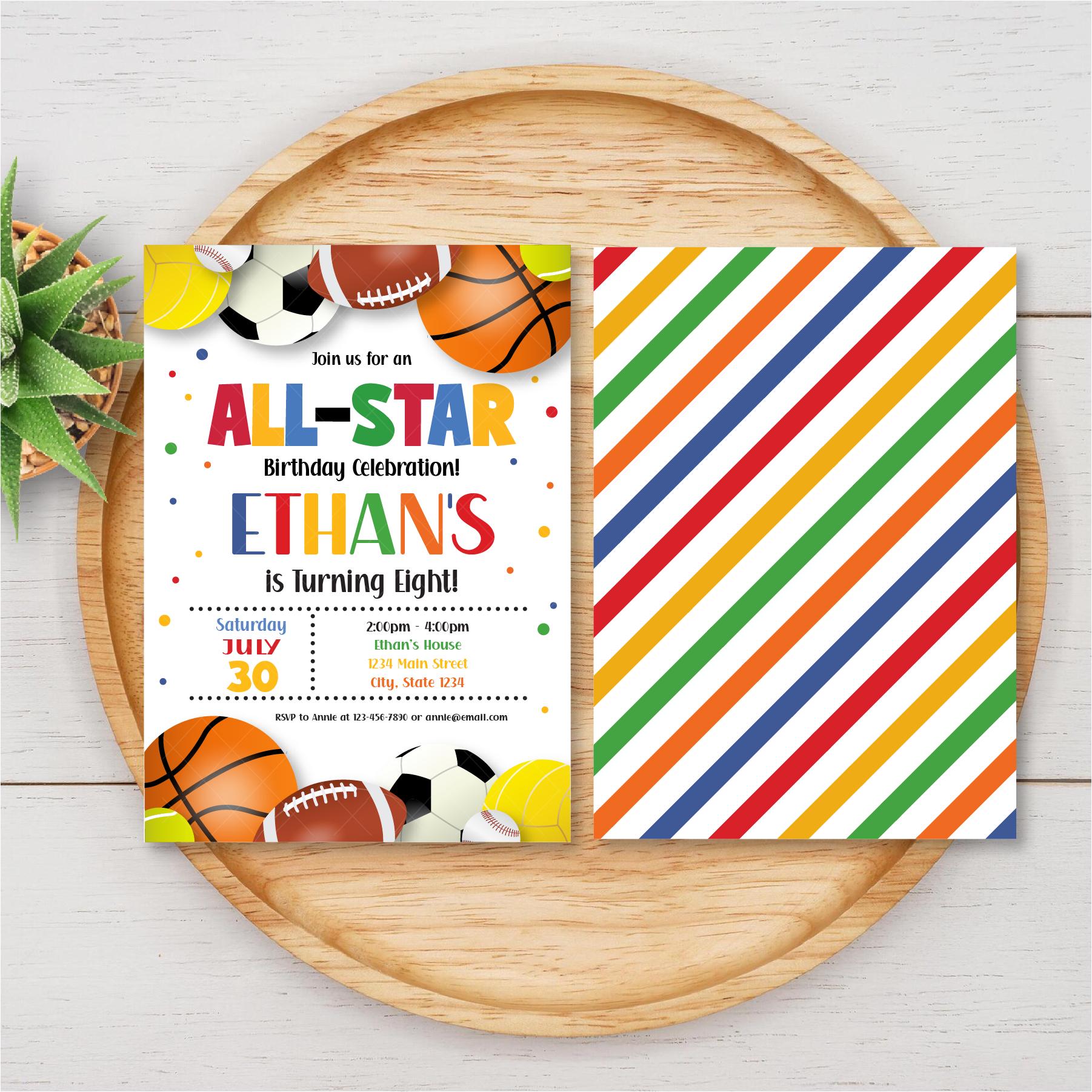 Editable All Star Birthday Invitation, All Star Party, Sports ...