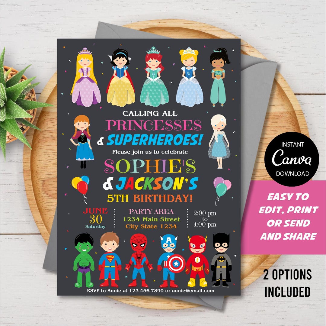 Editable, Princesses and Superheroes Birthday Invitation, Princess and ...