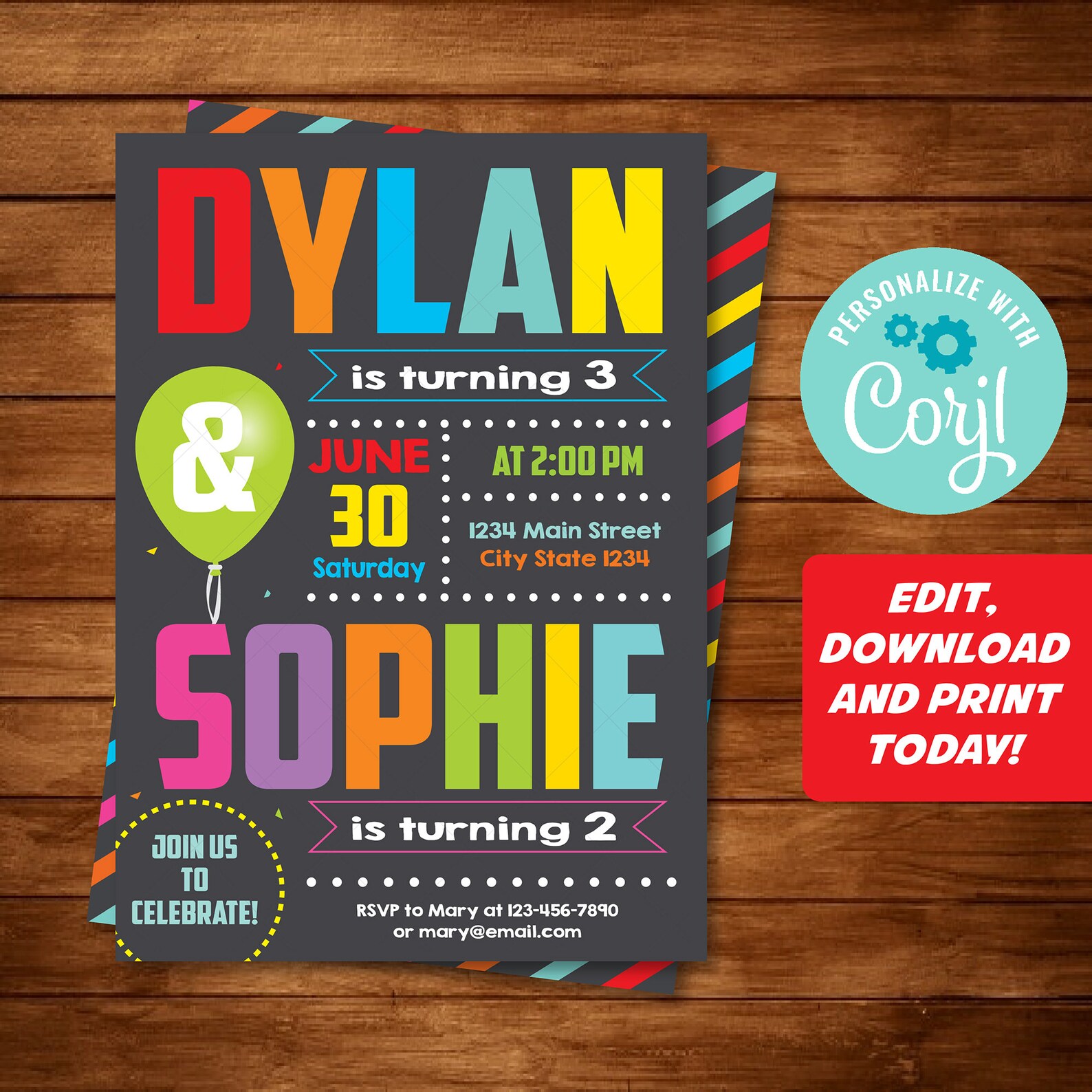 Editable Siblings Birthday Invitation Joint Birthday - Etsy