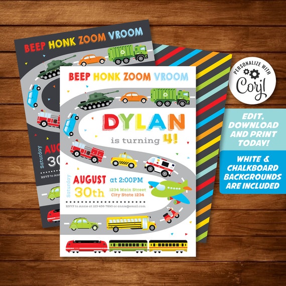 EDITABLE Transportation Birthday Invitation Chalkboard - Etsy