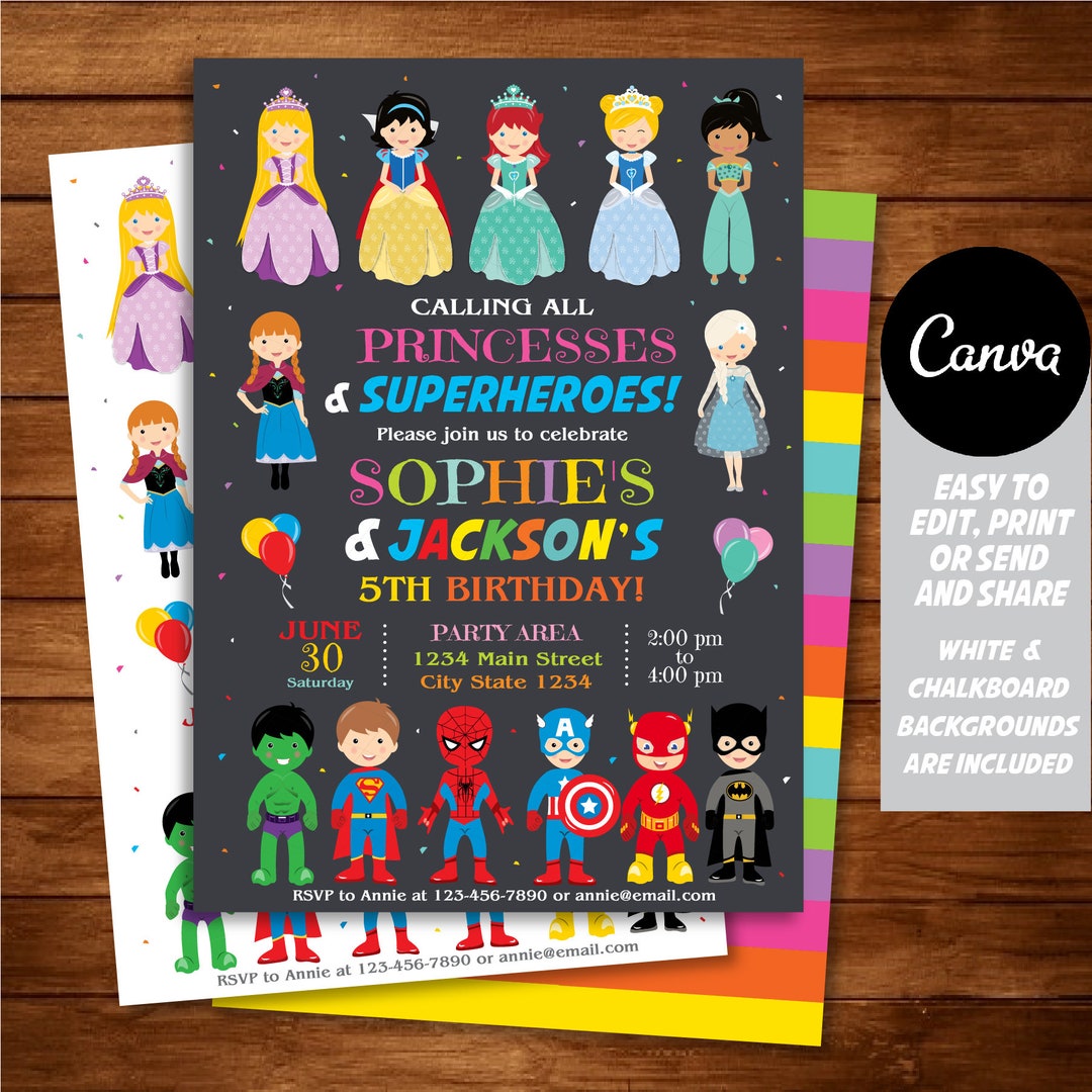 Editable, Princesses and Superheroes Birthday Invitation, Princess and ...