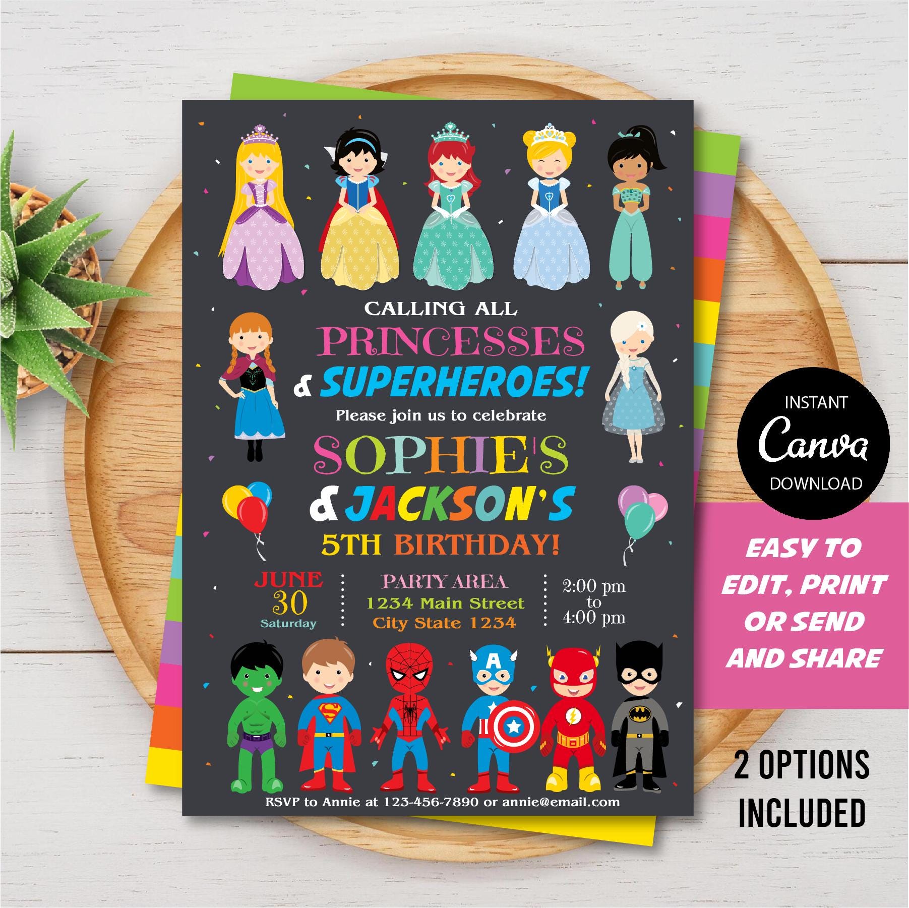 Editable, Princesses and Superheroes Birthday Invitation, Princess and ...