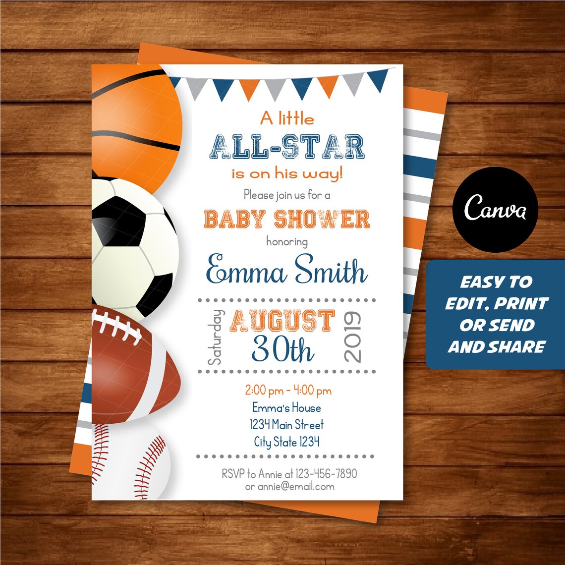 Editable All Star Baby Shower Invitation, All Star Invite, Sports ...
