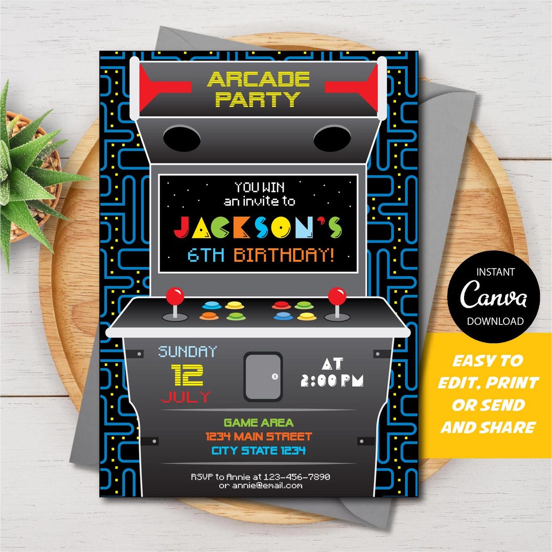 Editable, Arcade Birthday Invitation, Arcade Party, Canva Template ...