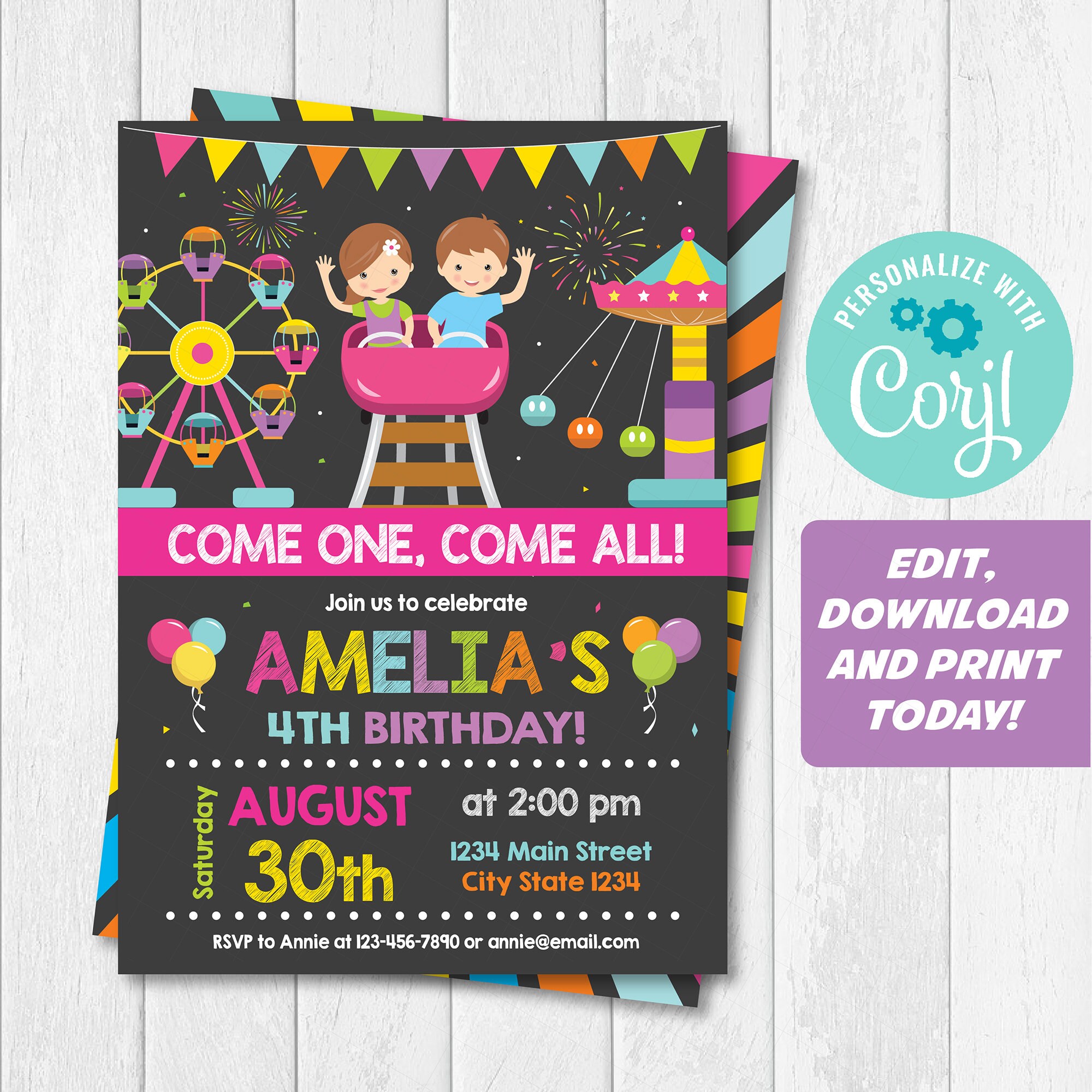 EDITABLE Amusement Park Birthday Invitation Play Park - Etsy