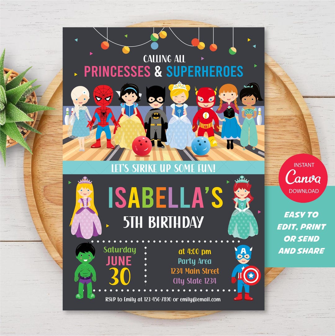 Editable Princesses and Superheroes Bowling Invitation, Princess and ...