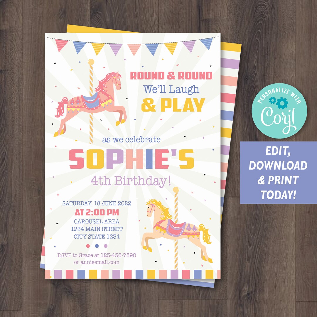 Editable Carousel Birthday Invitation Carousel Party Corjl - Etsy