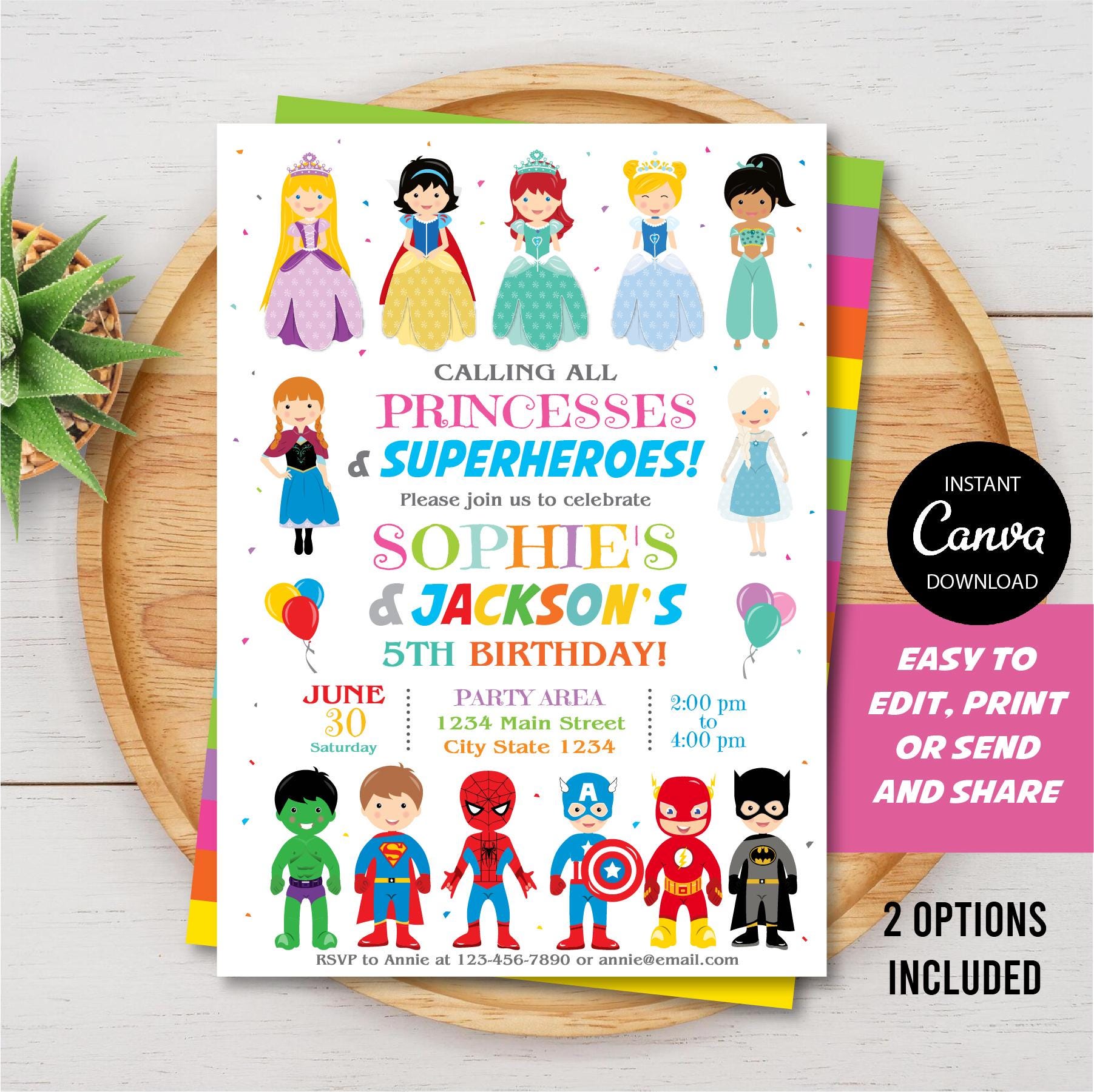 Editable, Princesses and Superheroes Birthday Invitation, Princess and ...