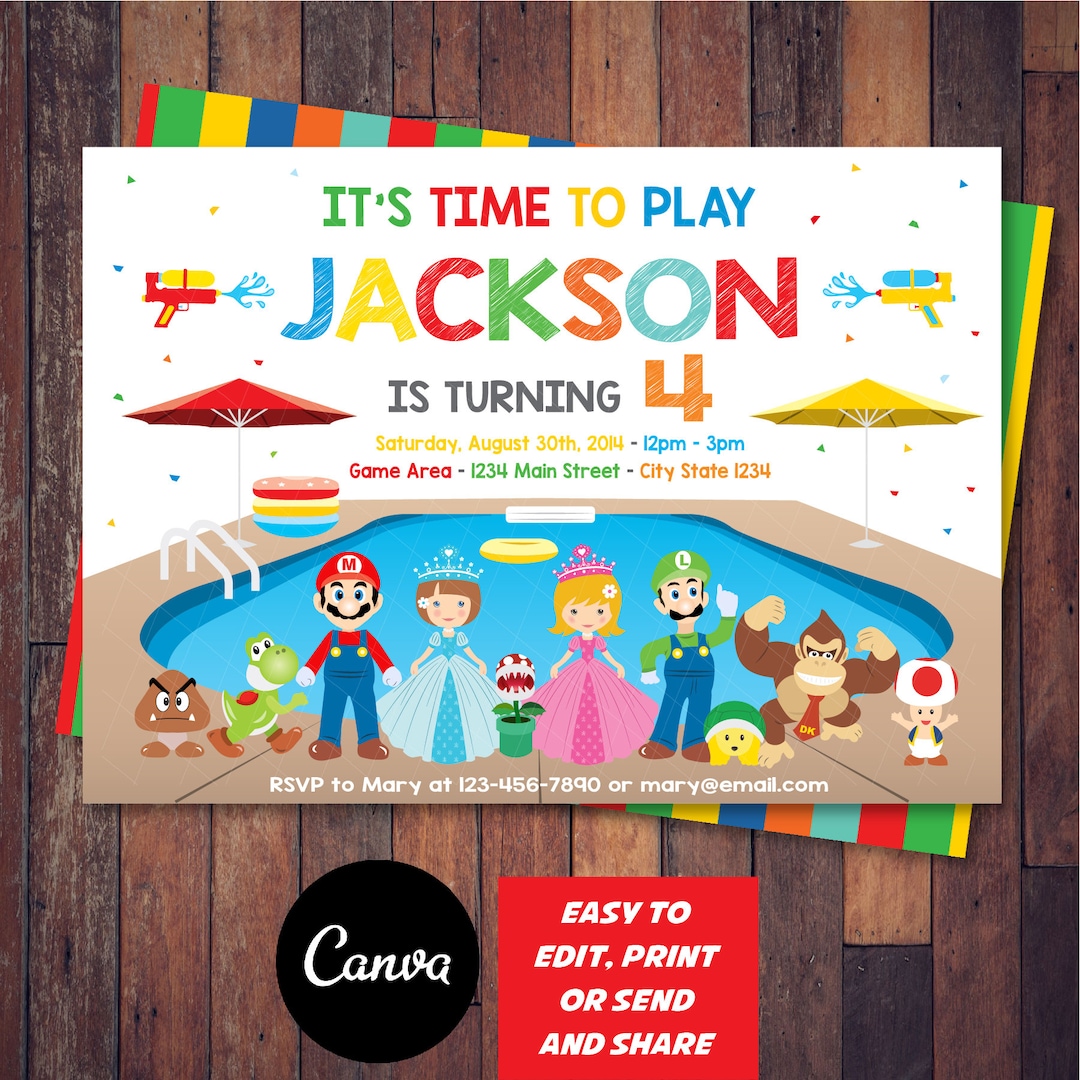 EDITABLE, Video Game Pool Invitation, Pool Birthday Invitation, Canva ...