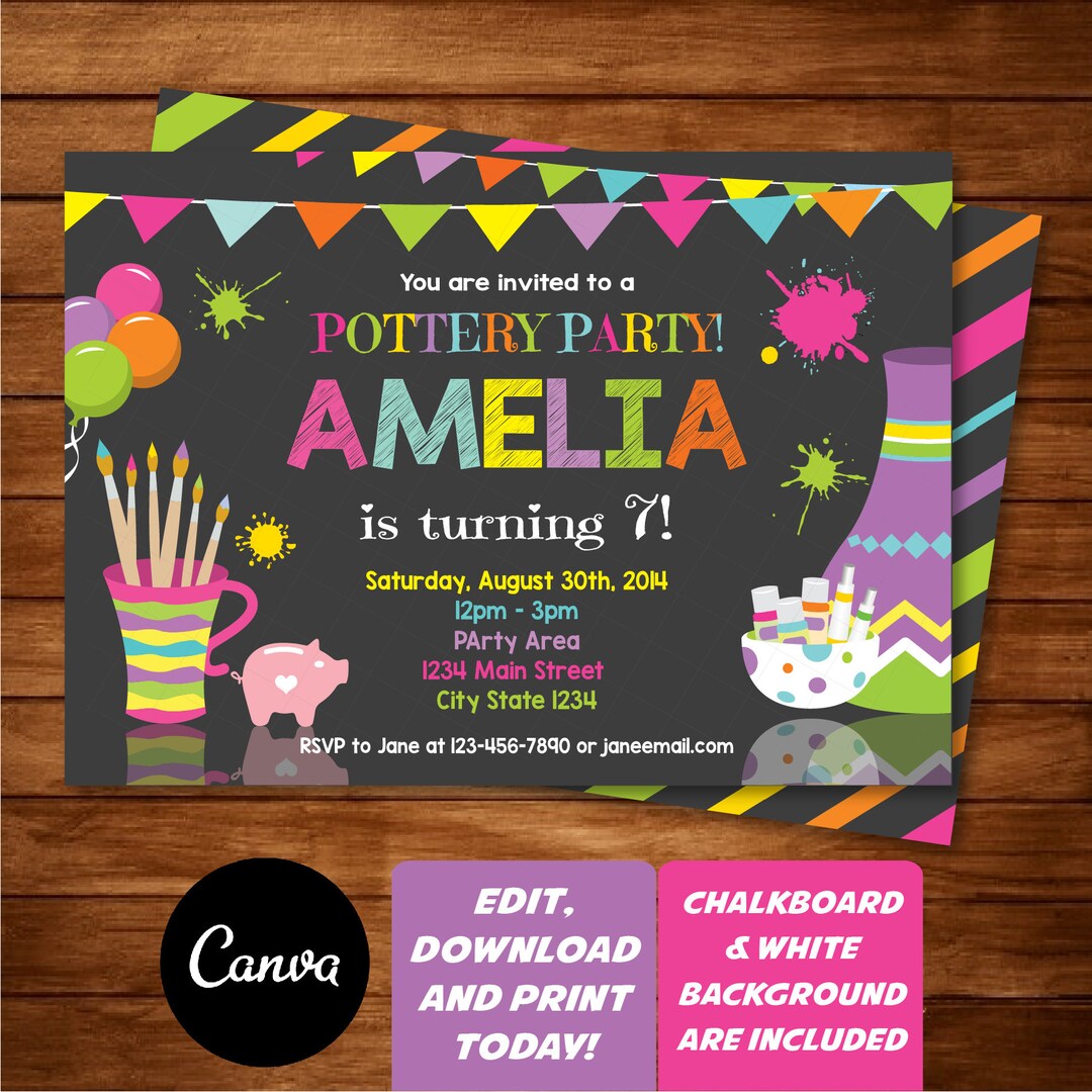 Self Editable, Painting Pottery Birthday Invitation, Art Birthday ...