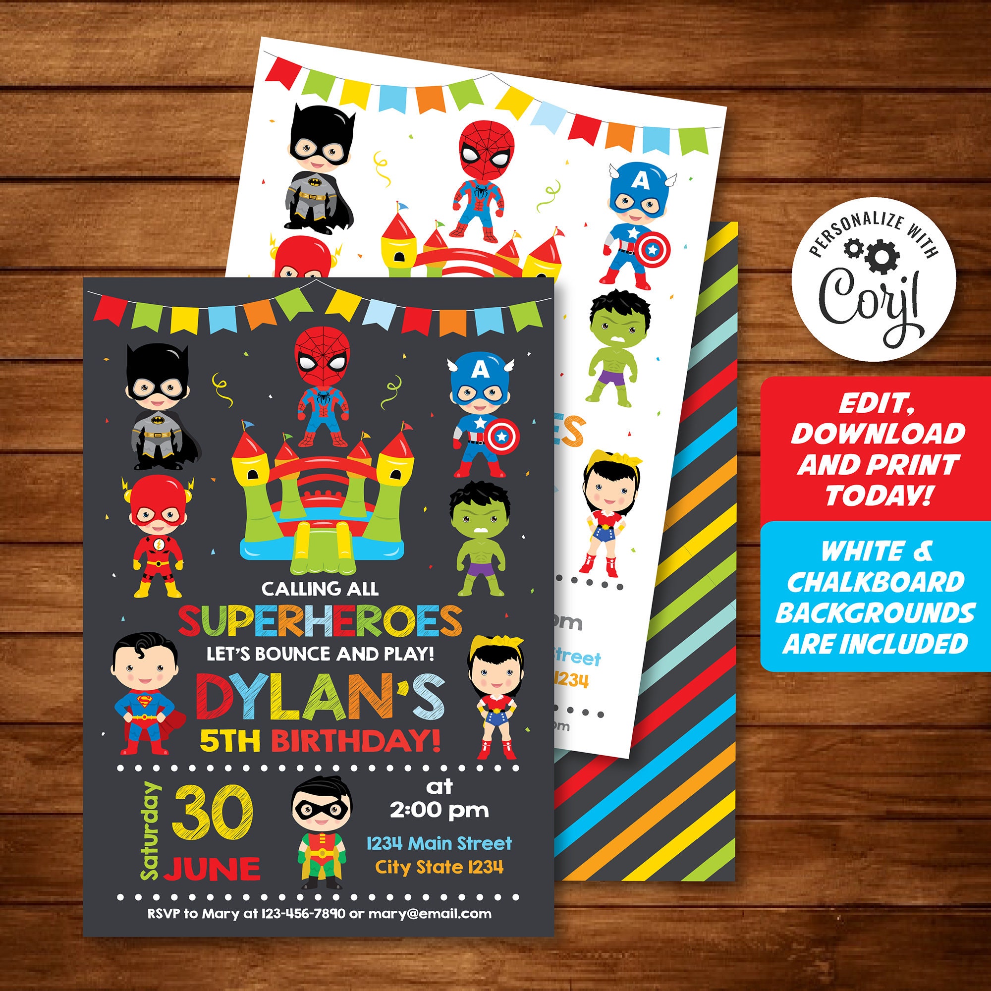 EDITABLE Superheroes Bounce House Invitation Superheroes - Etsy