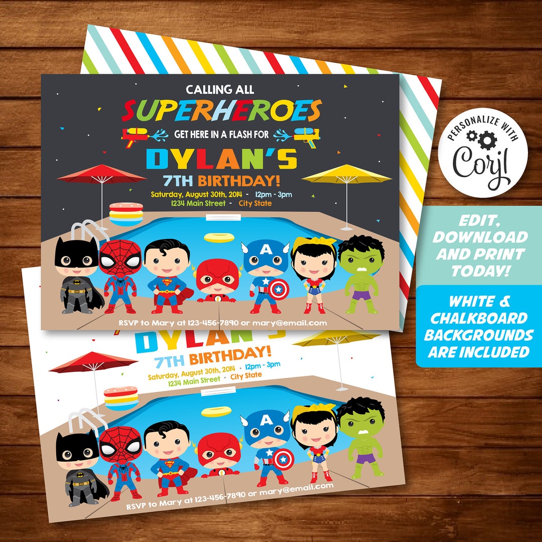 EDITABLE Superhero Pool Birthday Invitation Superheroes Pool - Etsy