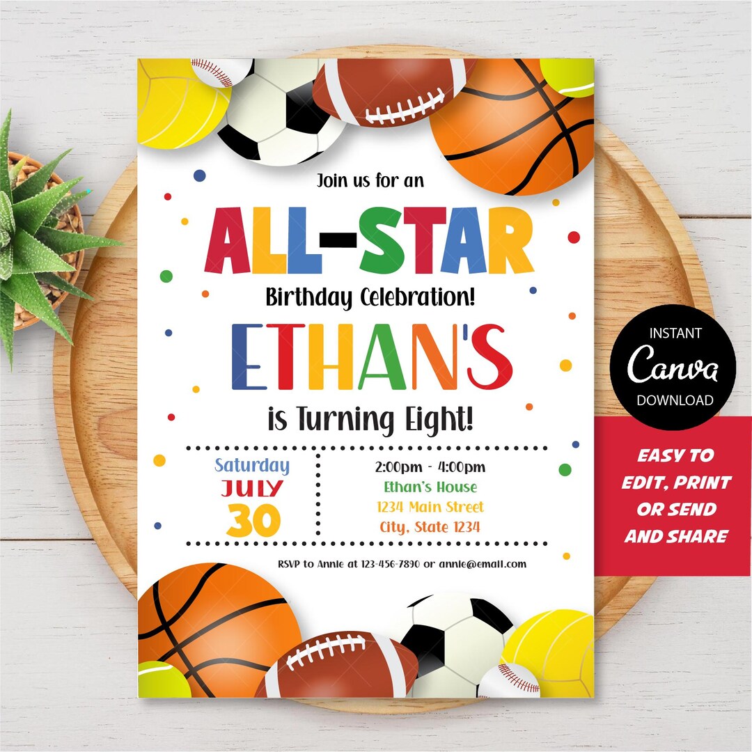 Editable All Star Birthday Invitation, All Star Party, Sports ...