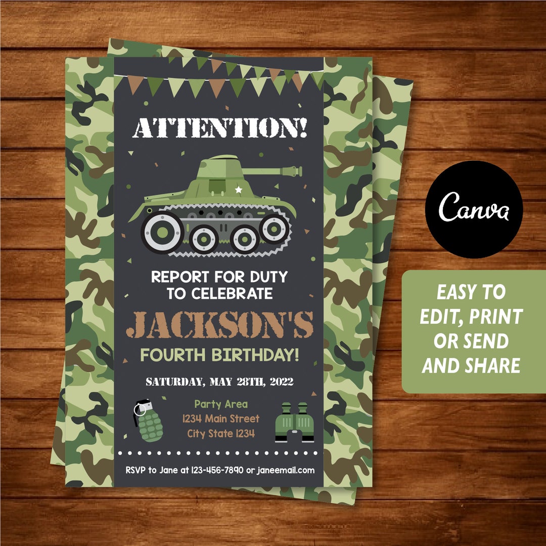 EDITABLE, Army Birthday Invitation, Military Birthday Invitation, Tank ...