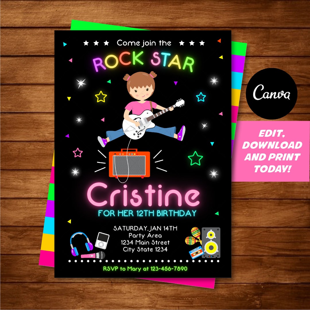 Editable, Invitación de cumpleaños de estrellas de rock, fiesta de Rock ...