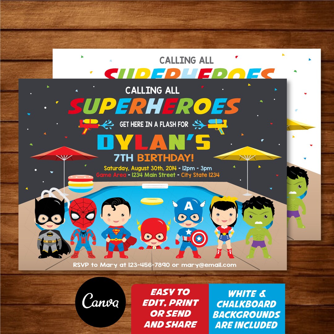 EDITABLE Superhero Pool Birthday Invitation Superheroes Pool - Etsy