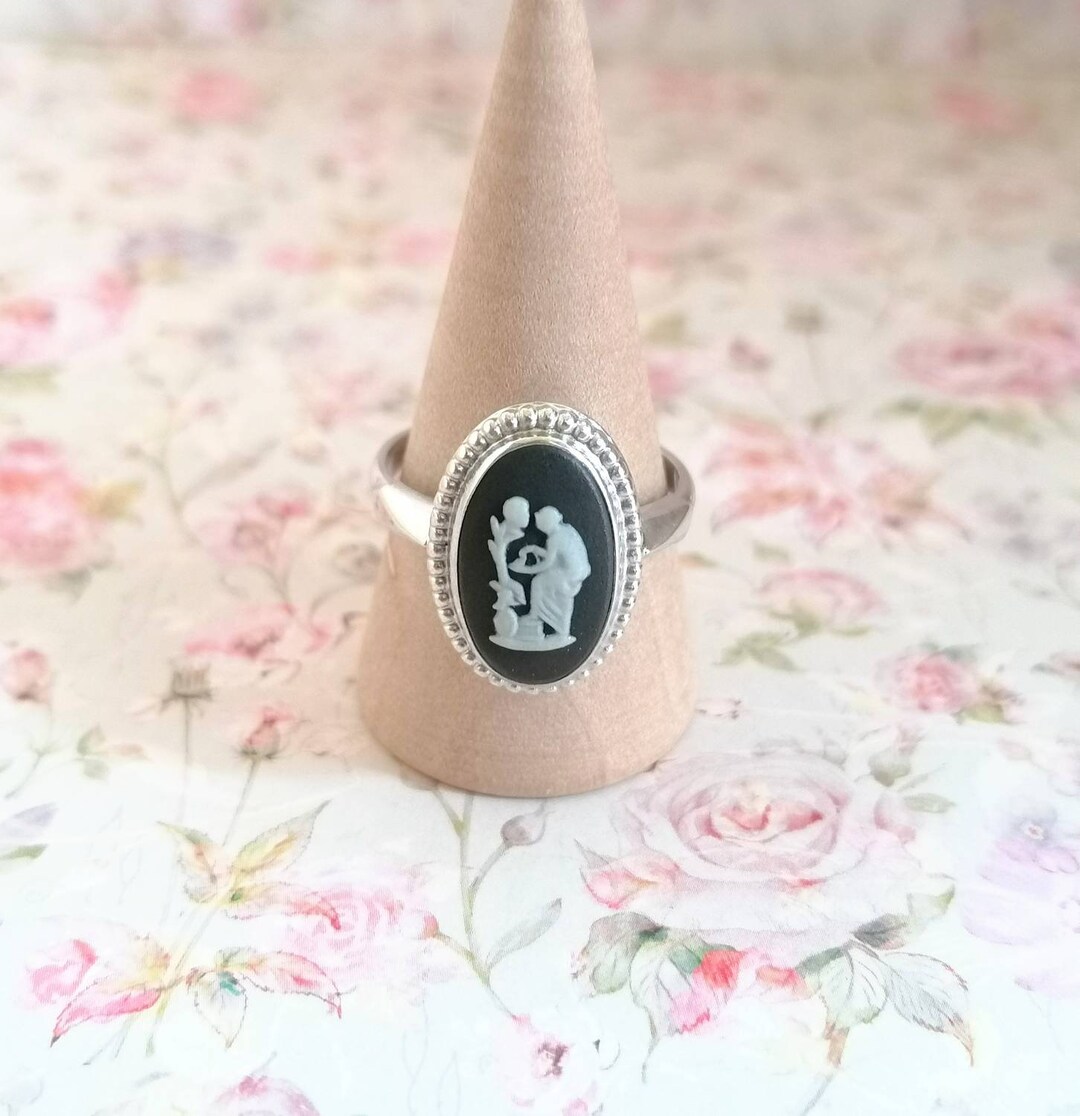 Vintage Black Wedgwood Jasperware, Oval Cameo Ring, Sterling Silver ...