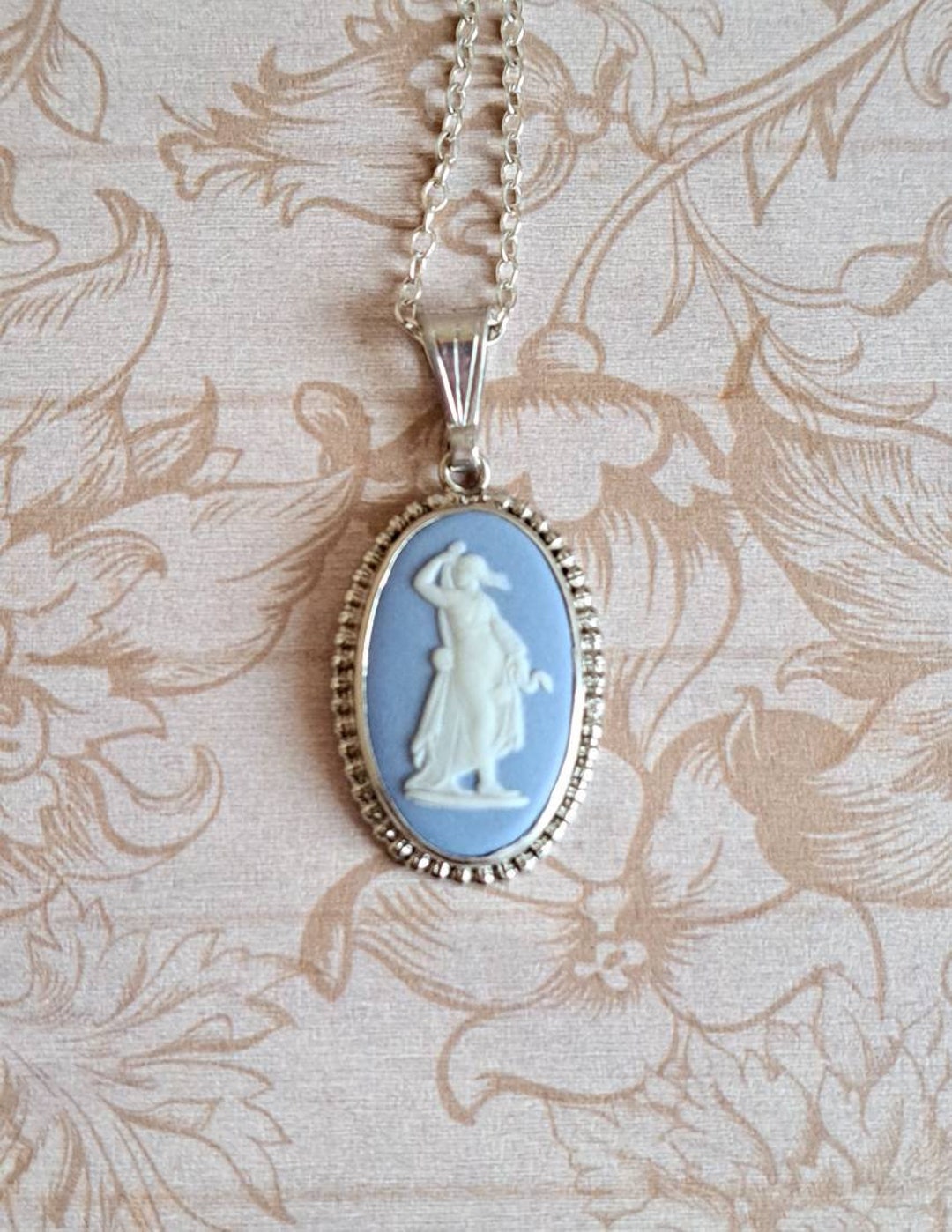 Vintage Wedgwood Blue Jasperware Oval Cameo Pendant, Sterling Silver ...