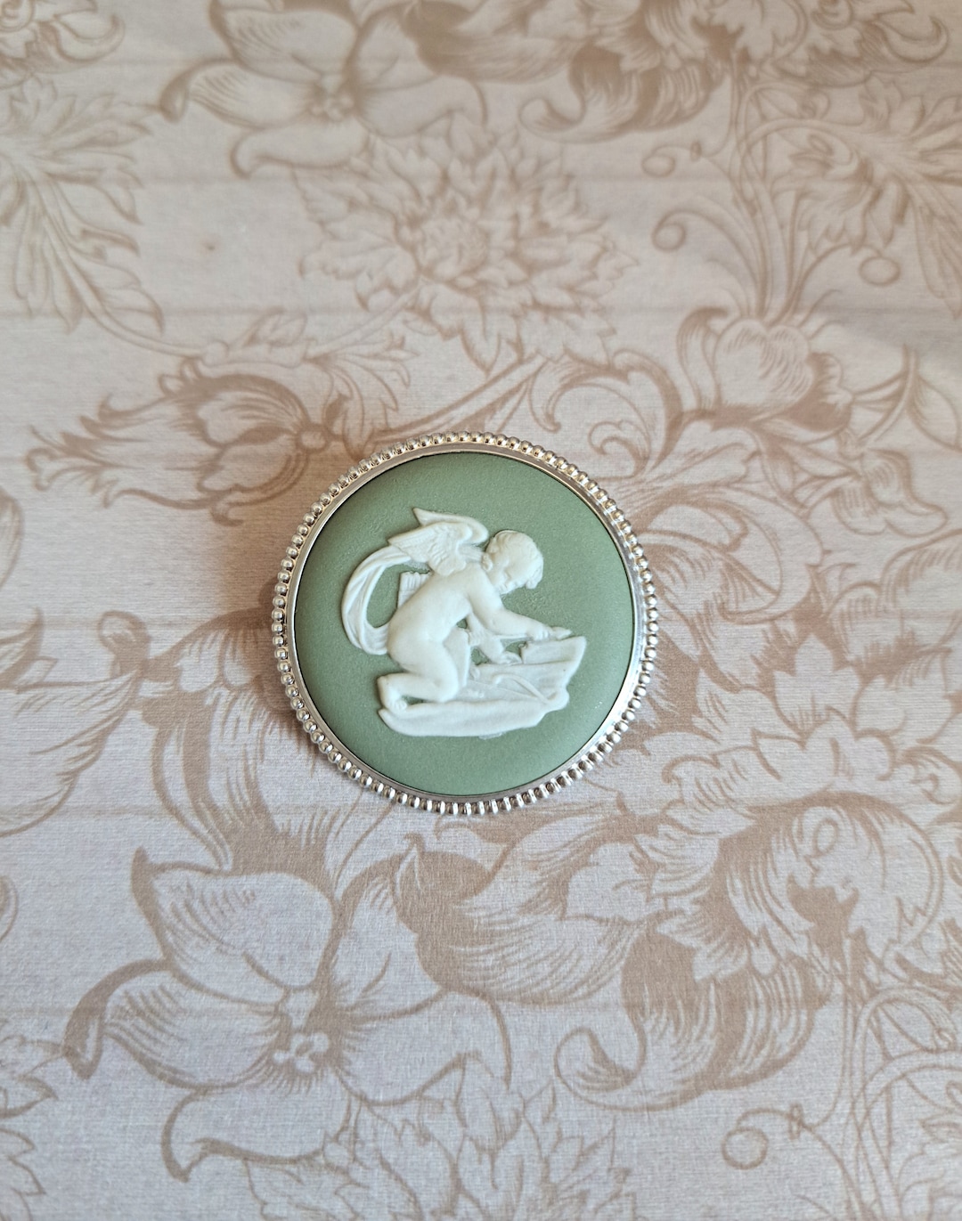 Vintage Wedgwood Sage Green Jasperware Cameo Brooch, Sterling Silver ...