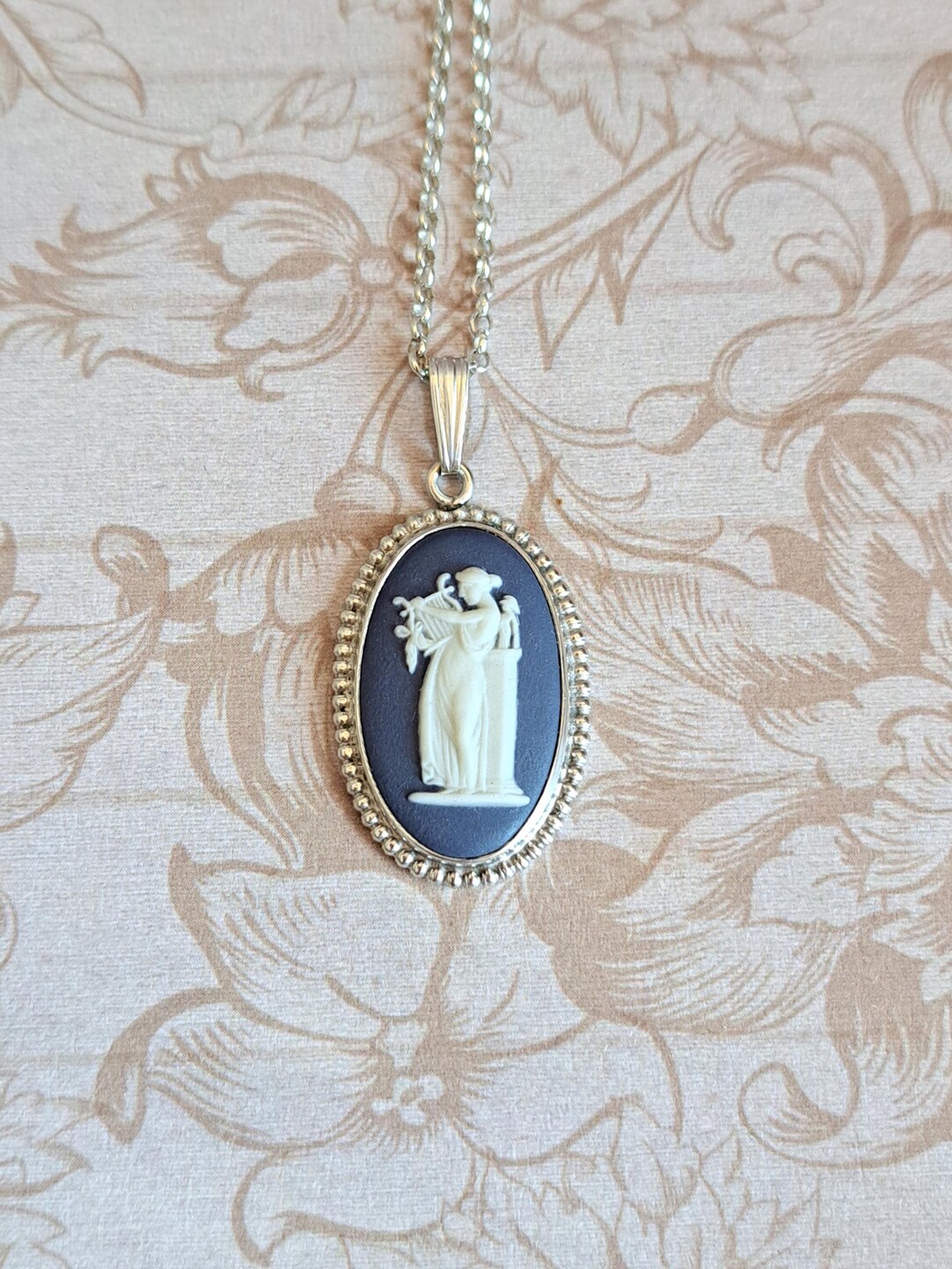 Vintage Portland Navy Blue Wedgwood Jasperware Cameo Pendant, Sterling ...