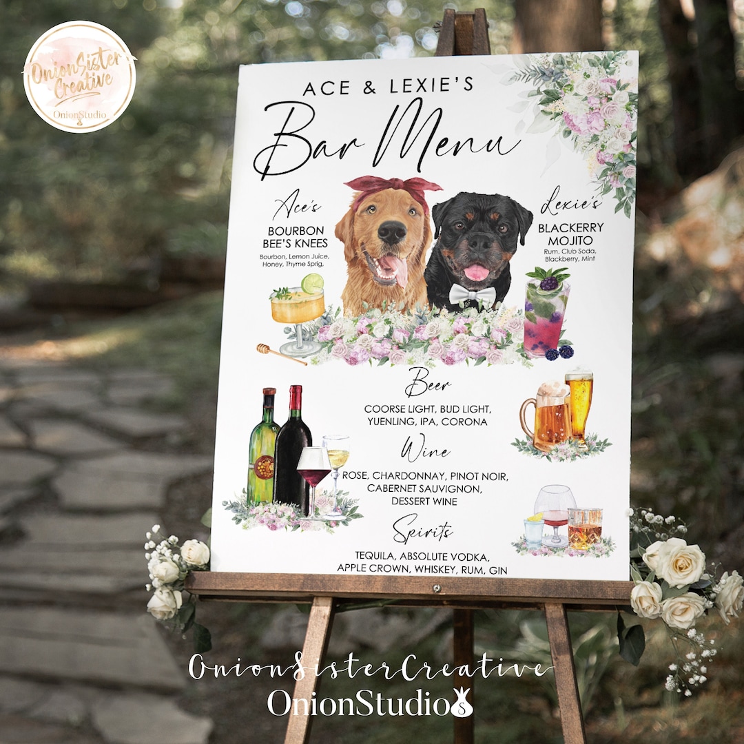 Wedding Bar Menu Signs Dogs, Signature Drink Dogs, Watercolor Wedding ...