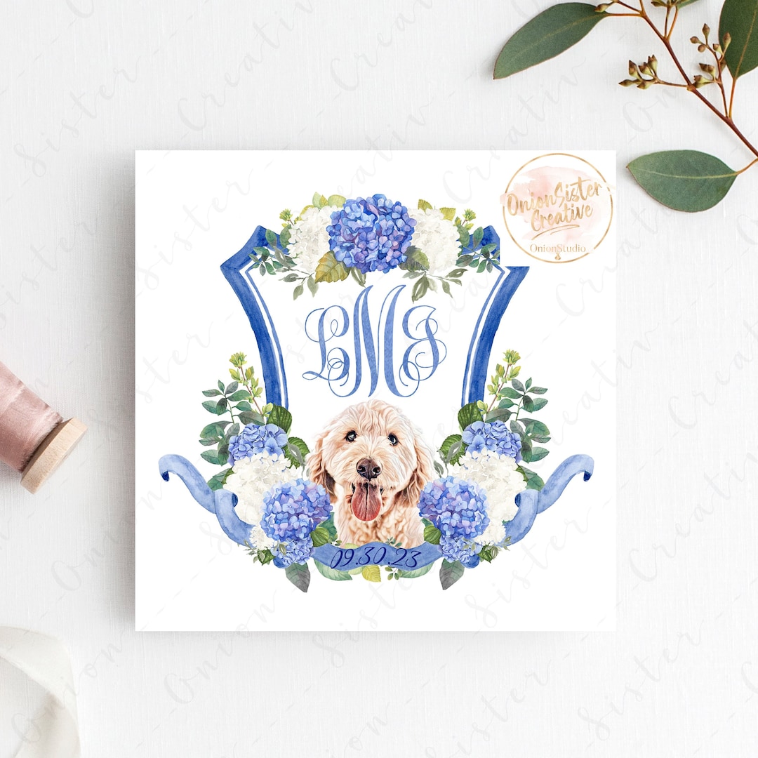Custom Wedding Crest Logo With Dogs, Wedding Watercolor Crest Monogram ...