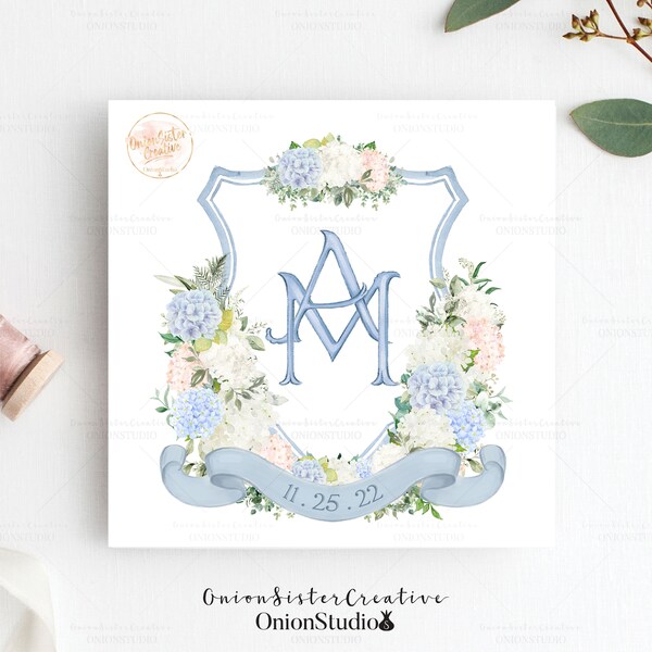 Blue and White Floral Wedding Crest Watercolor Wedding Monogram ...