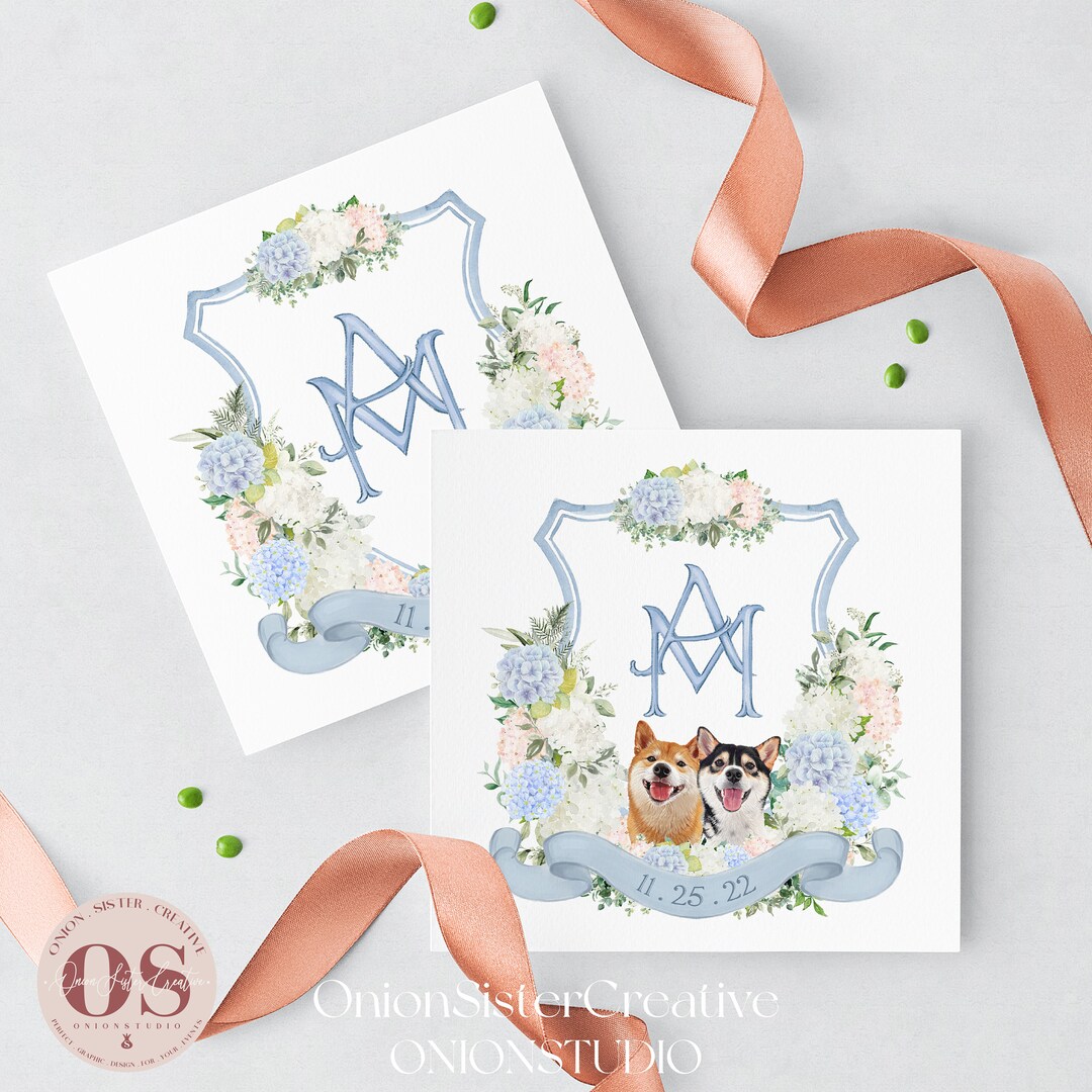 Custom Wedding Crest Monogram Logo With Pets, Watercolor Wedding Crest ...
