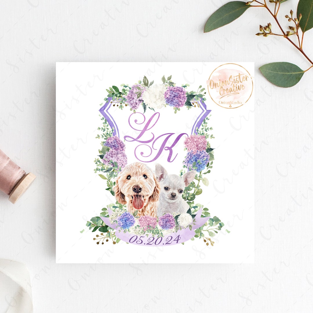 Custom Wedding Crest Monogram Logo With Pets, Watercolor Wedding Crest ...