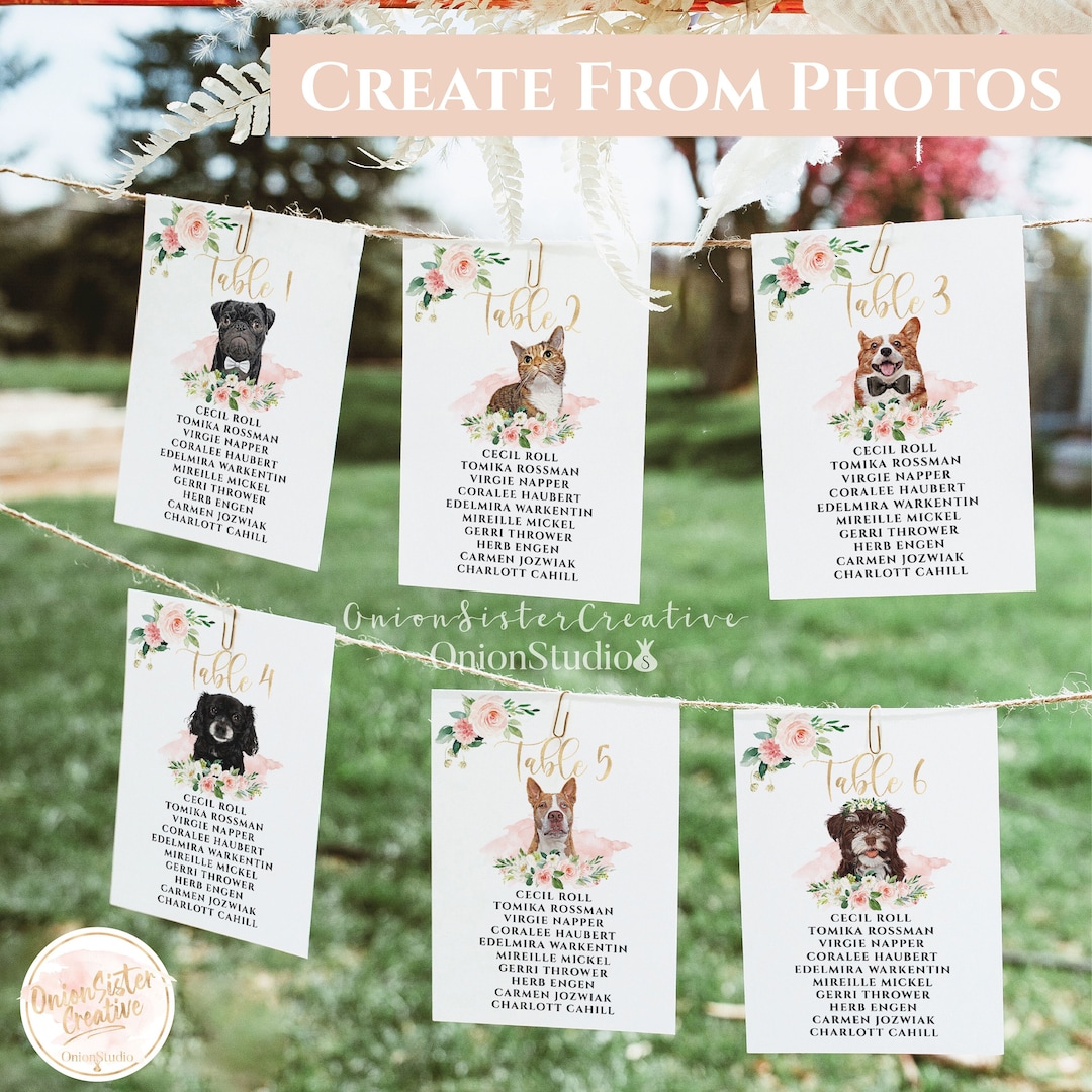 Dogs Wedding Seating Chart Cards With Pets, Custom Wedding Table Number ...