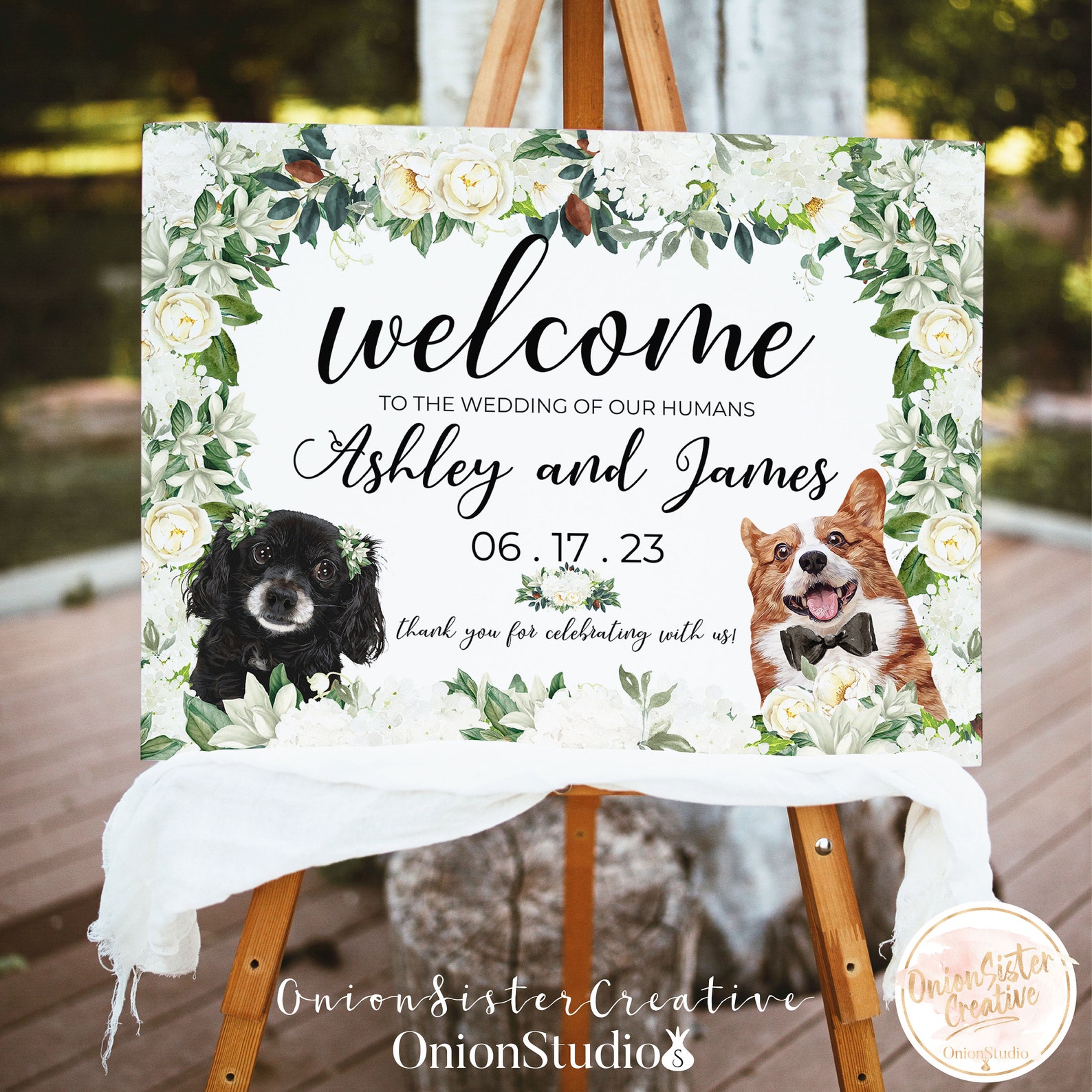 Dogs Wedding Welcome Sign Printable,white Flowers Wedding Welcome Sign ...