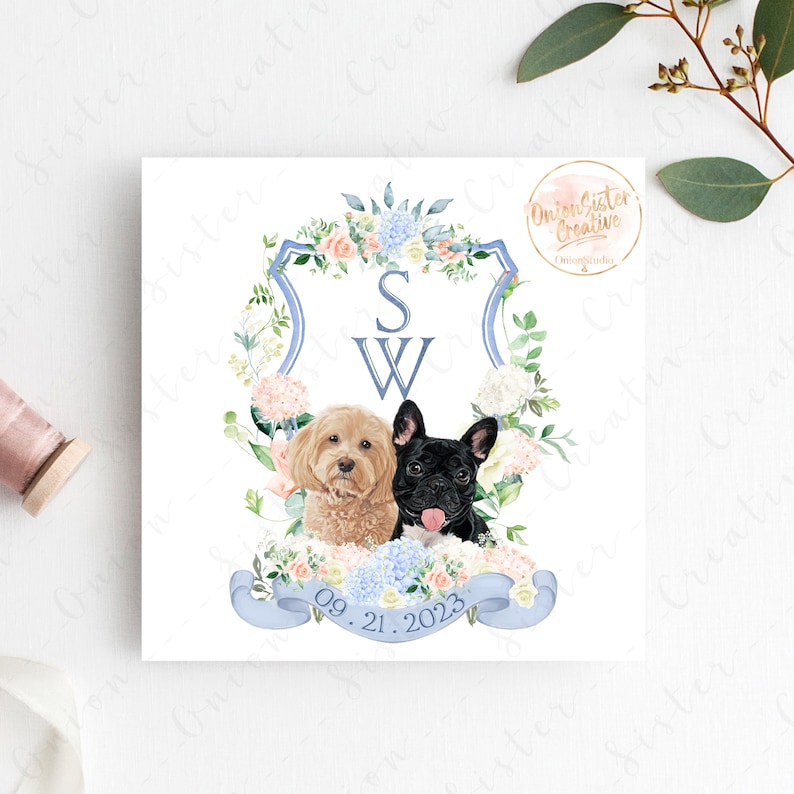 Custom Wedding Crest Logo With Dogs Wedding Watercolor Crest | Etsy