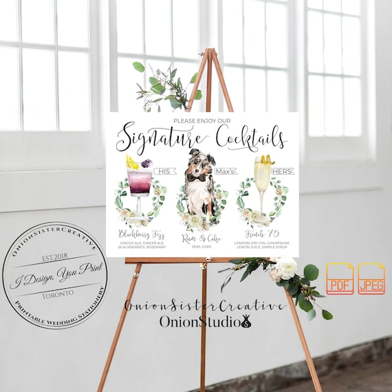 Rustic Wedding Cocktail Drinks Sign Dogs Boho Floral Wreath | Etsy