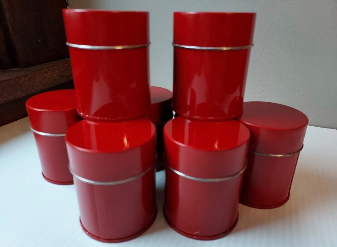 Vintage Dansk Tin Red Spice Jars and Rack/mid Century Tin Spice ...