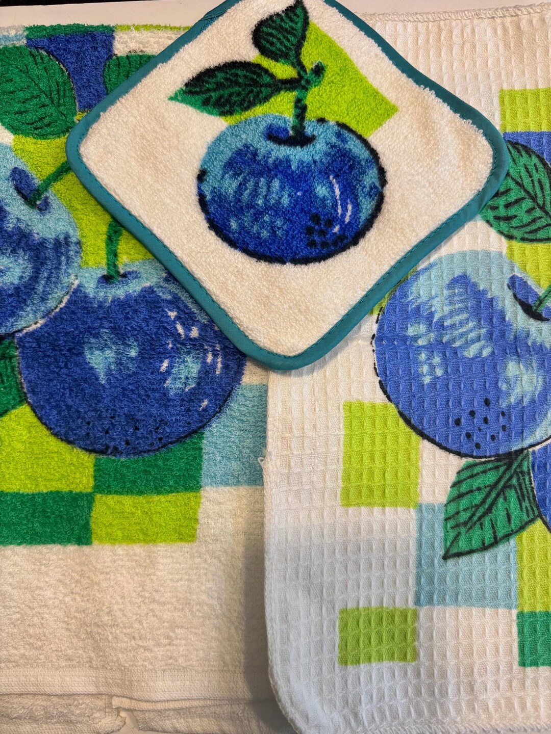 1970s Groovy Blue Dish Towel Set/blue Fruit Dish Tea Towel/vintage ...