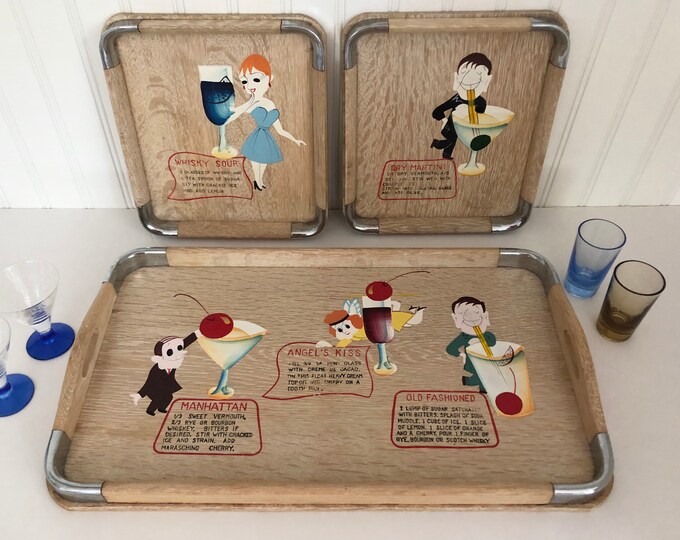 Vintage Bar Tray Set/drink Recipe Bar Tray/illustrated Drink Tray ...