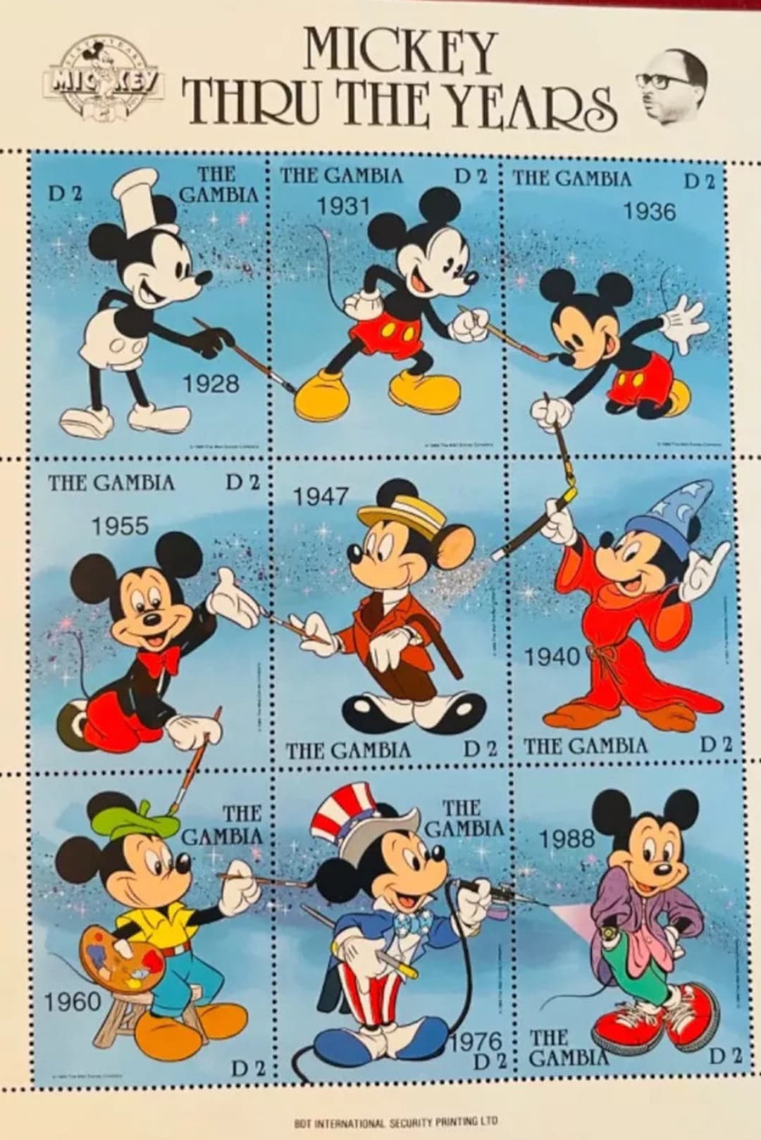 Vintage Mickey Mouse Postage Stamps Gambia 1988, Pack of 9/mickey Mouse ...