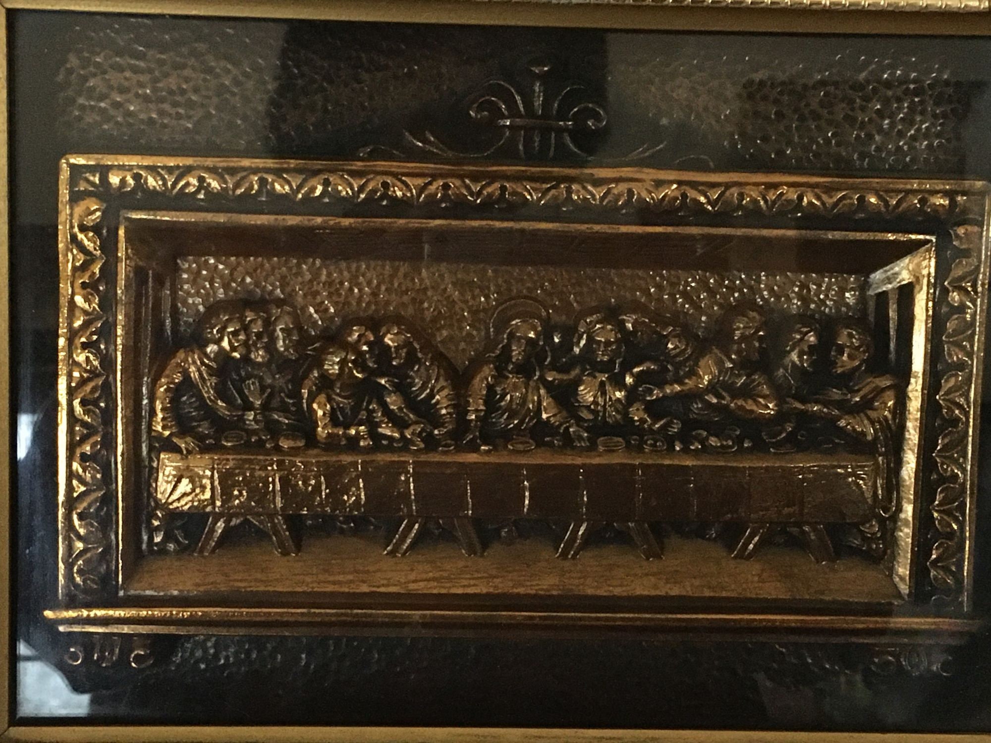 Vintage LAST SUPPER Shadow Box Wood Frame Copper Relief Tableau ...