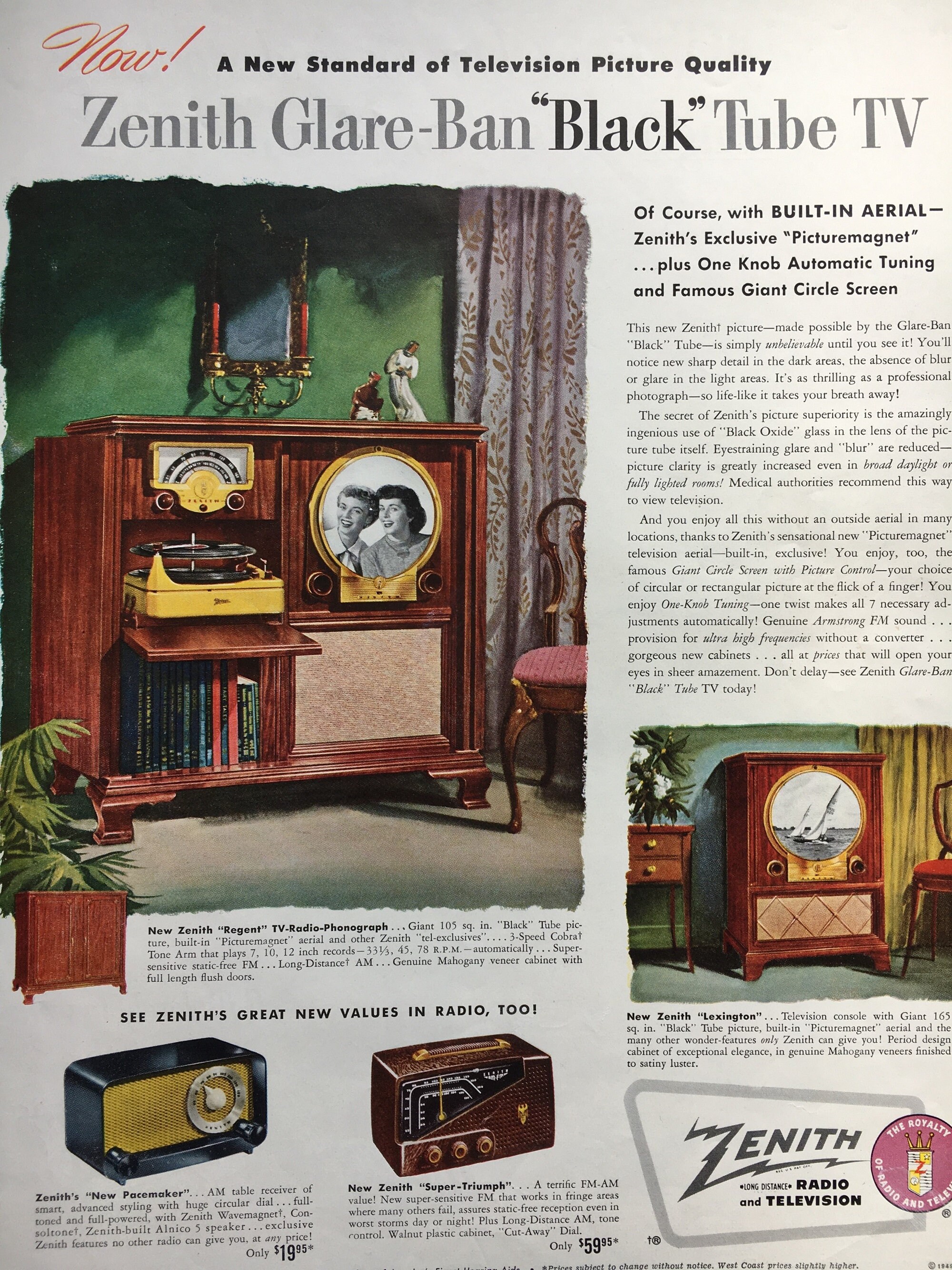 Vintage 1949 ZENITH Radio and Television TV Ads Magazine Print ...