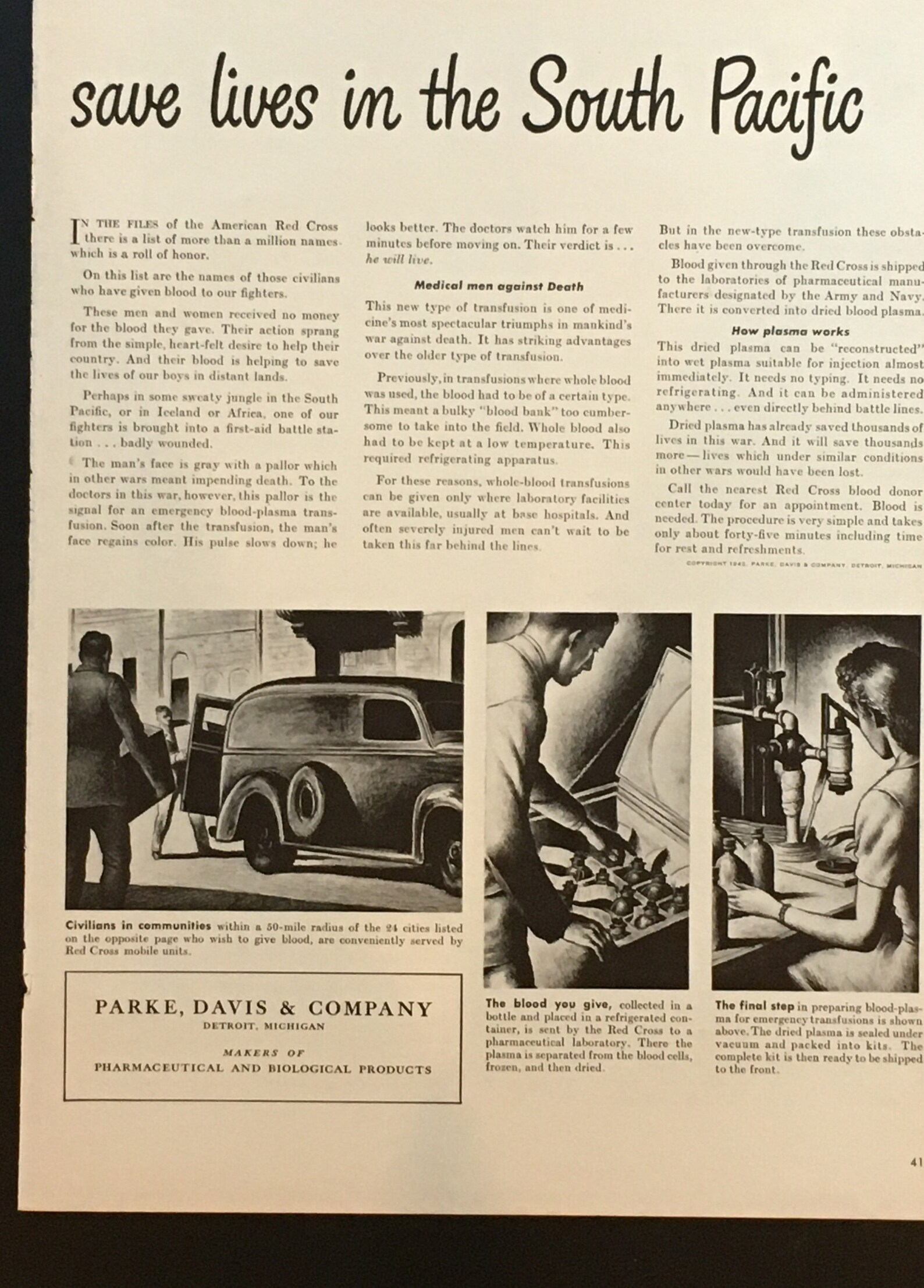 Vintage 1945 Parke, Davis & Company PHARMACEUTICAL Ad NURSES Medics Red ...
