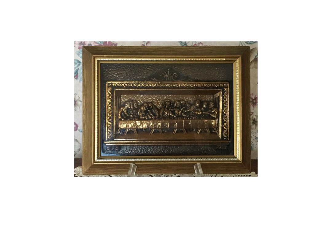 Vintage LAST SUPPER Shadow Box Wood Frame Copper Relief Tableau ...
