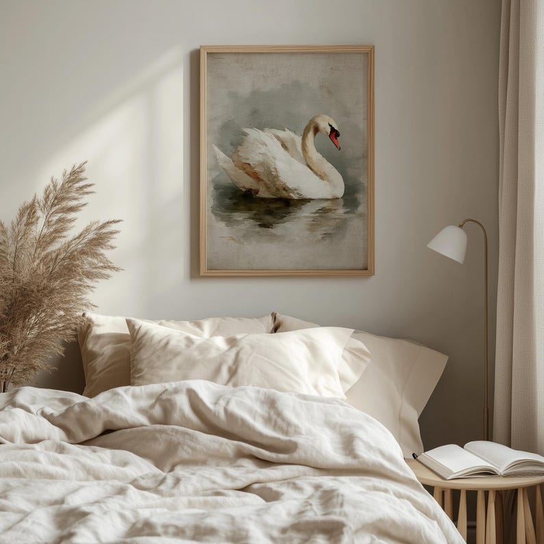 Vintage Swan Watercolor Print: Neutral Cottagecore Wall Art Digital ...